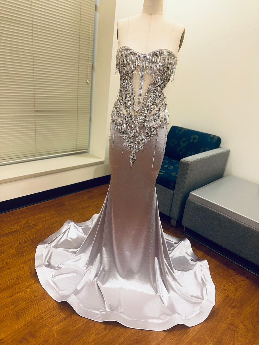 Custom Sliver Rhinestone corset gown with fringe – ShamelessOpinion